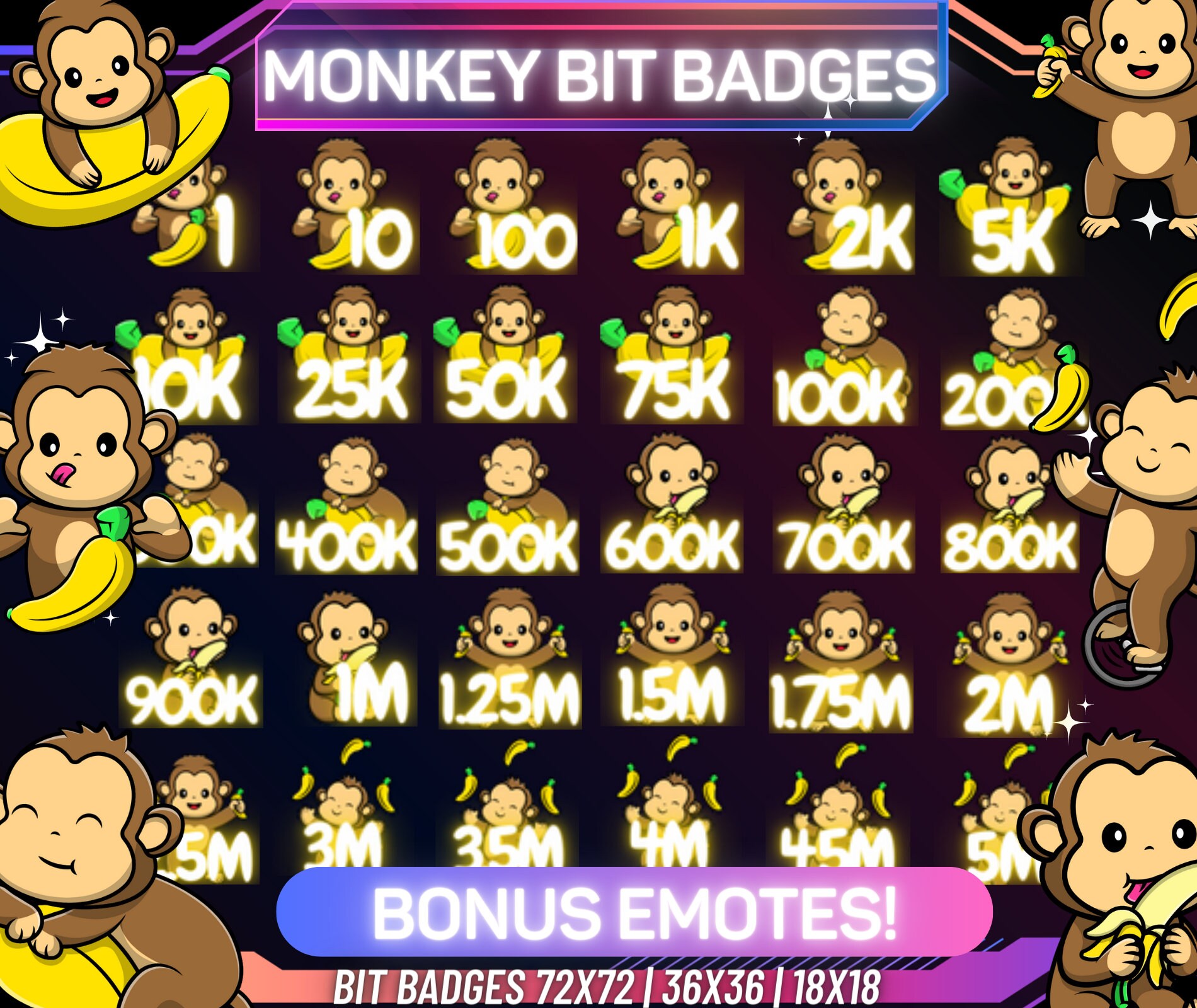 30 X Cute Monkey Banana Twitch Bit Badges Banana Twitch Bit Badges ...