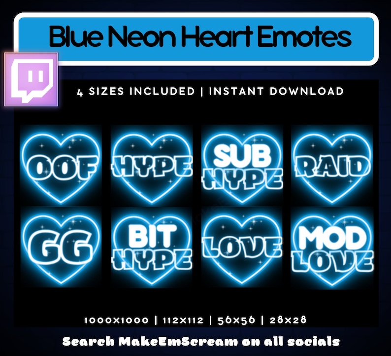 Blue Neon Heart Twitch Emote 8 Pack Blue Twitch Emotes - Etsy