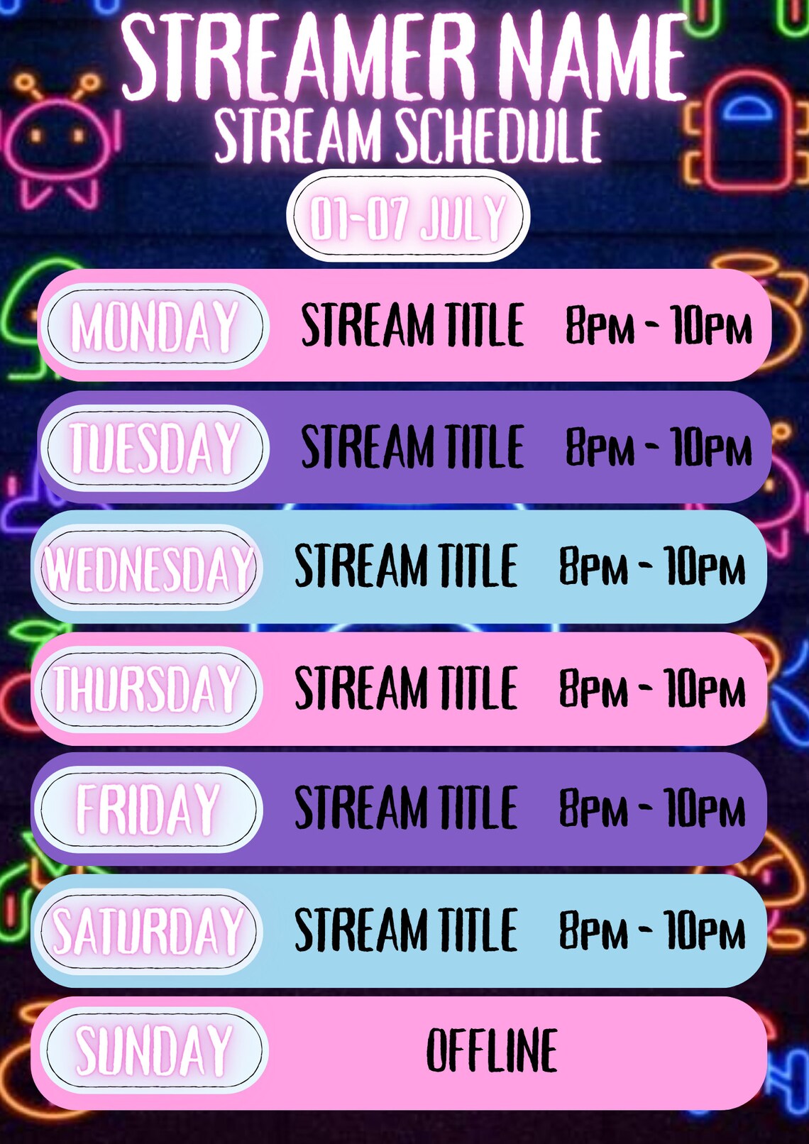 STREAM SCHEDULE Template, Neon Gamer Stream Schedule, Social Media ...
