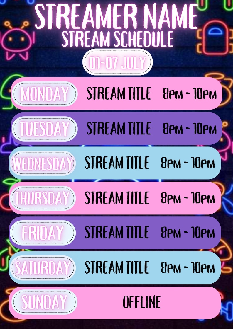 STREAM SCHEDULE Template, Neon Gamer Stream Schedule, Social Media ...