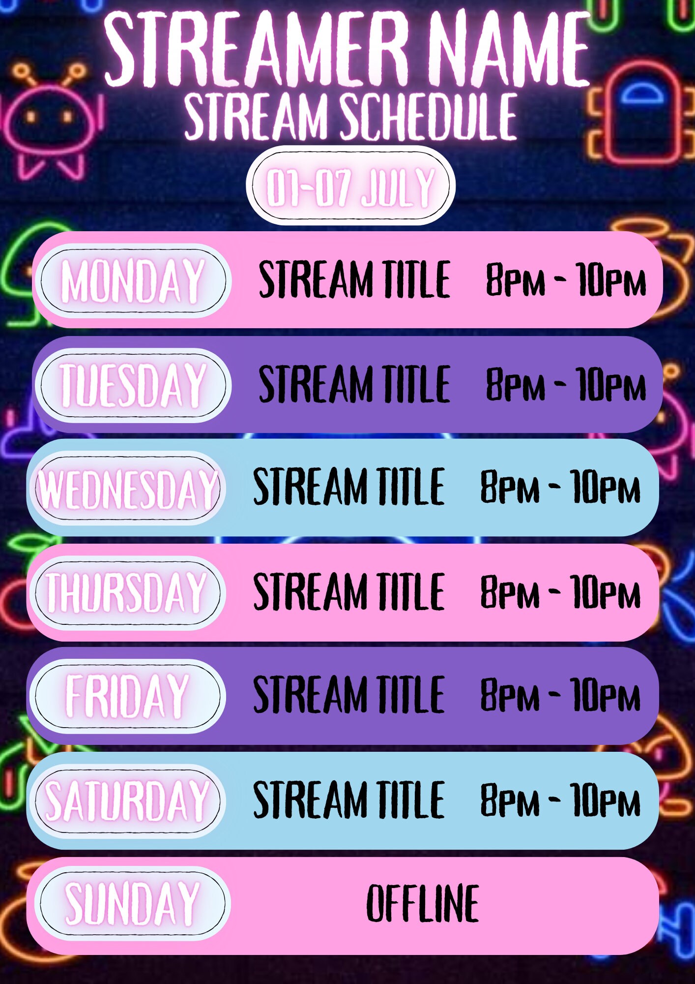 STREAM SCHEDULE Template, Neon Gamer Stream Schedule, Social Media ...