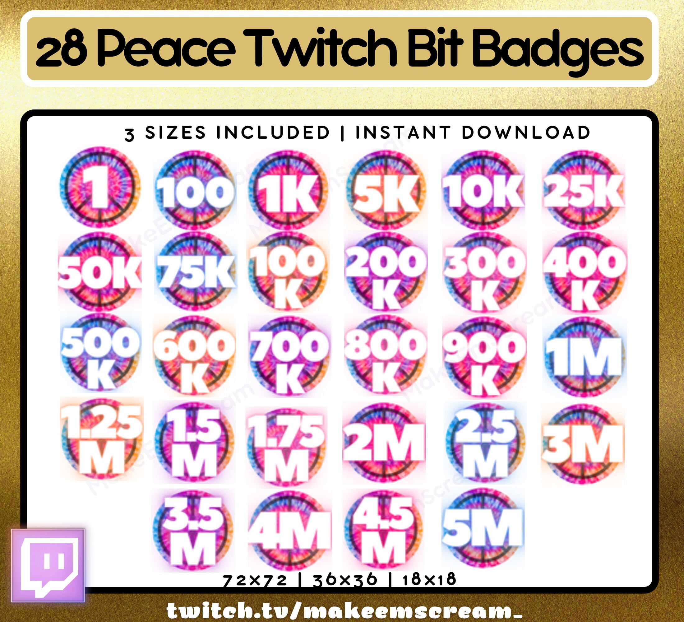 COMPLETE SET 28 X Rainbow Peace Sign Twitch Bit Badges Cute Twitch ...