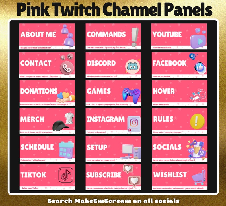 16 X Pink Channel Panels for Twitch About Me Panels for - Etsy Australia