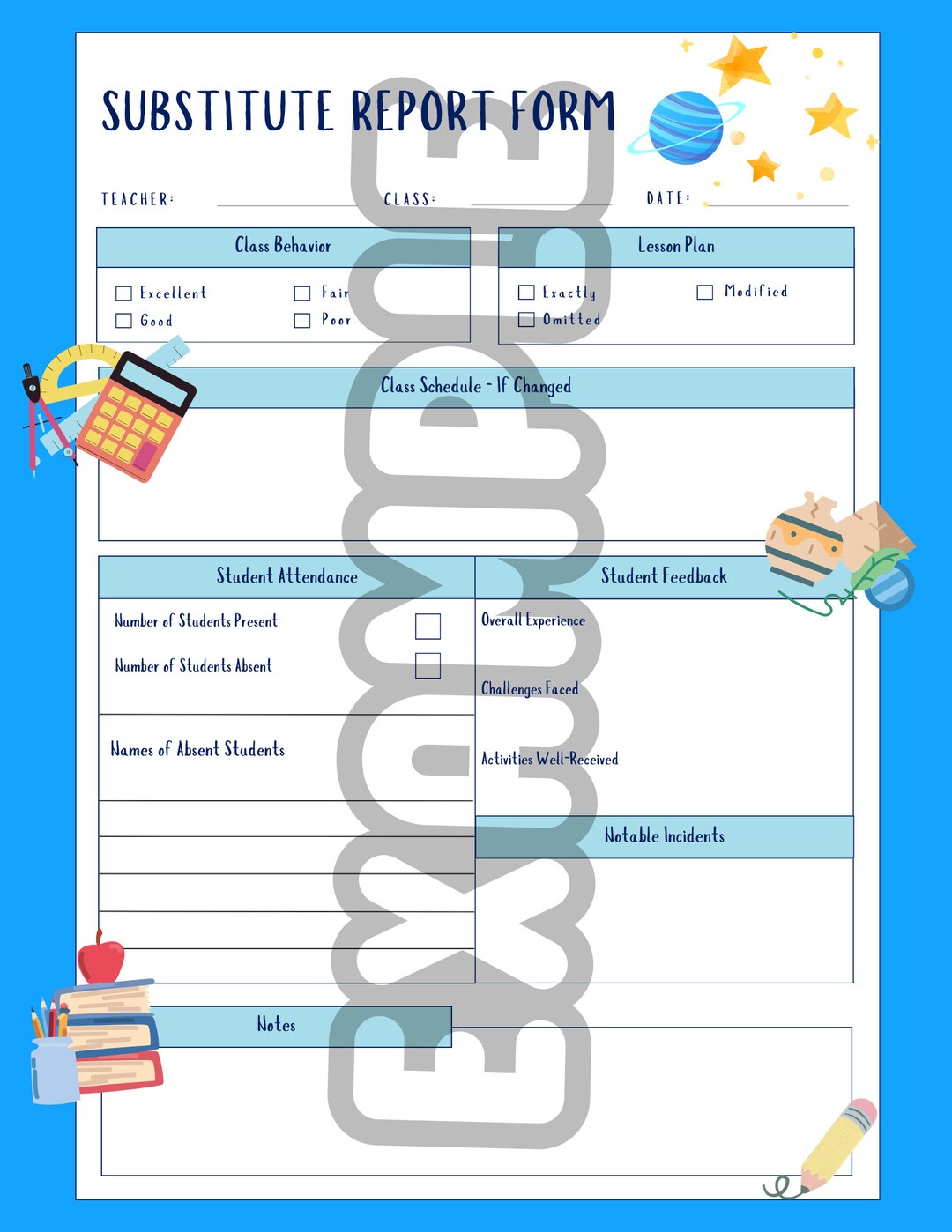 Substitute Report Form - Dark Blue - Etsy