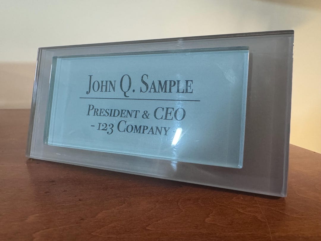 Personalized Glass Desk Nameplate - Custom Engraved With Name, Job ...