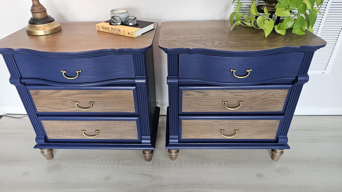 SOLD ***large Night Stands: Navy Blue & Oak (set) Not Sold Individually ...