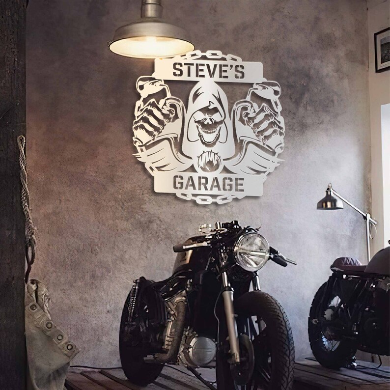 Skull Biker Metal Garage Sign - Personalized Metal Wall Art for Bikers ...