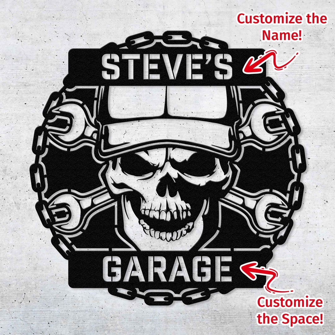 Skull Mechanic Metal Garage Sign - Personalized Metal Wall Art for ...