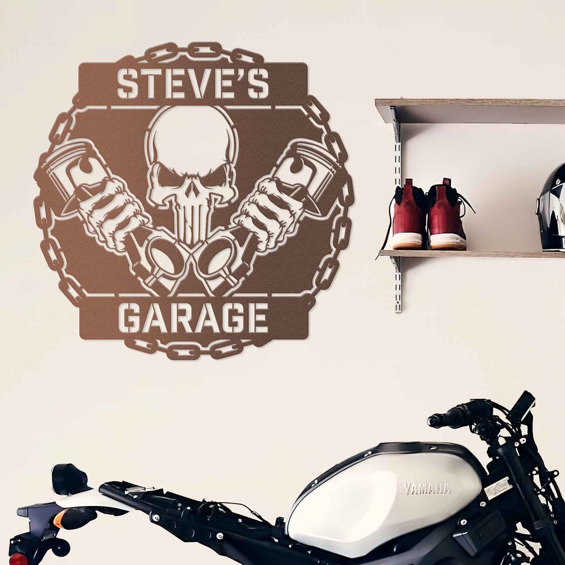 Skull Pistons Metal Garage Sign Personalized Metal Wall Art for Bikers ...