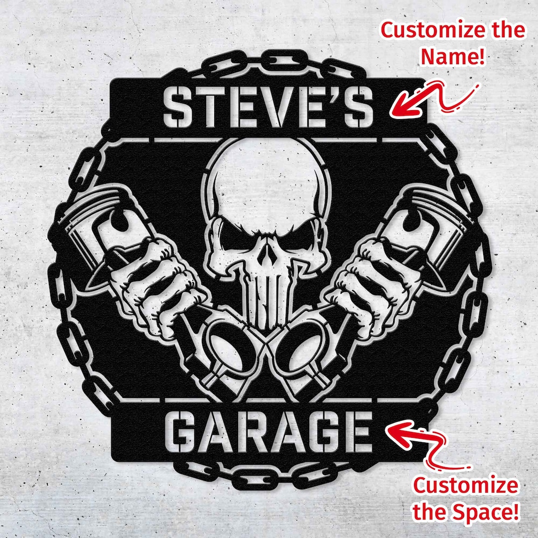 Skull Pistons Metal Garage Sign - Personalized Metal Wall Art for ...