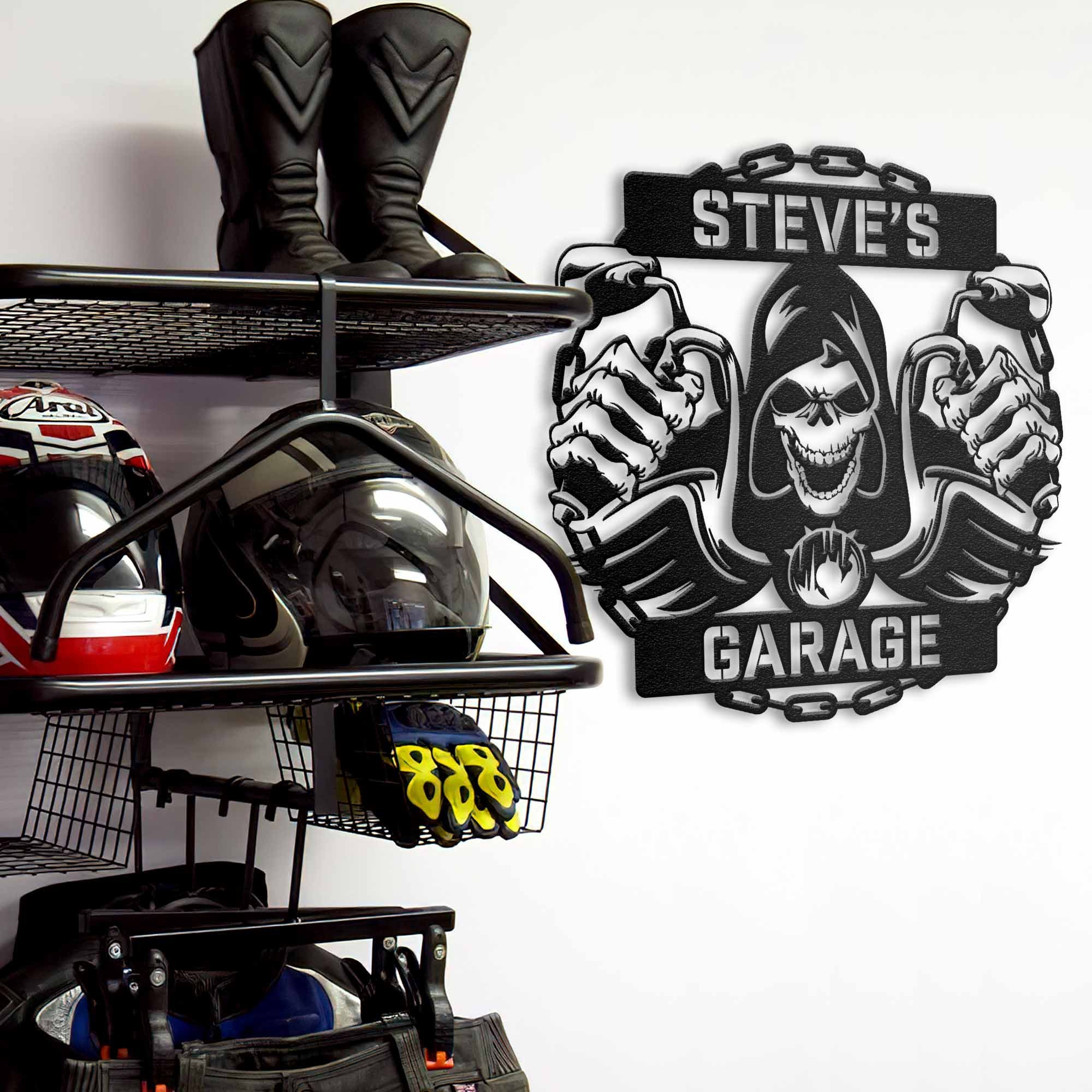 Skull Biker Metal Garage Sign - Personalized Metal Wall Art for Bikers ...