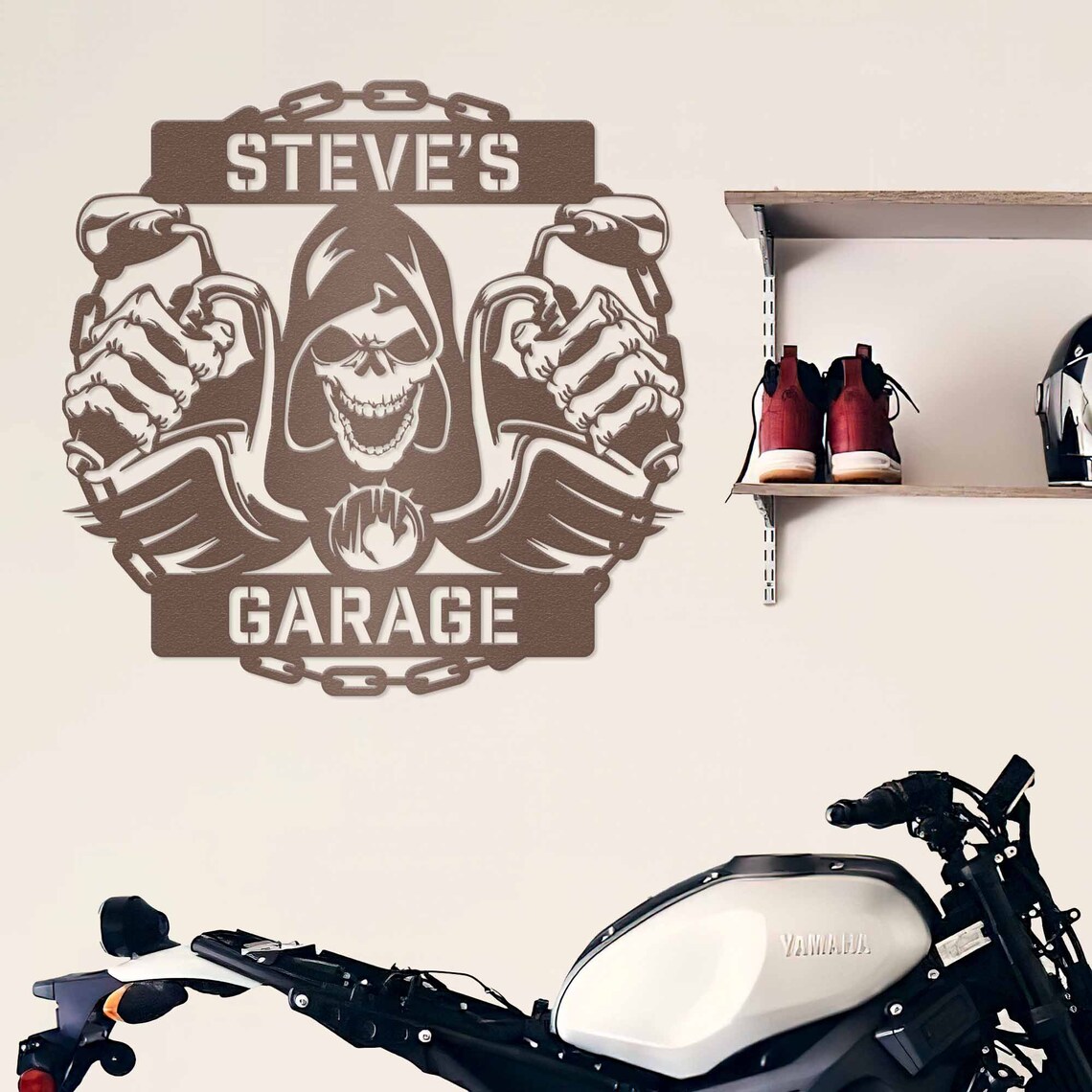 Skull Biker Metal Garage Sign - Personalized Metal Wall Art for Bikers ...