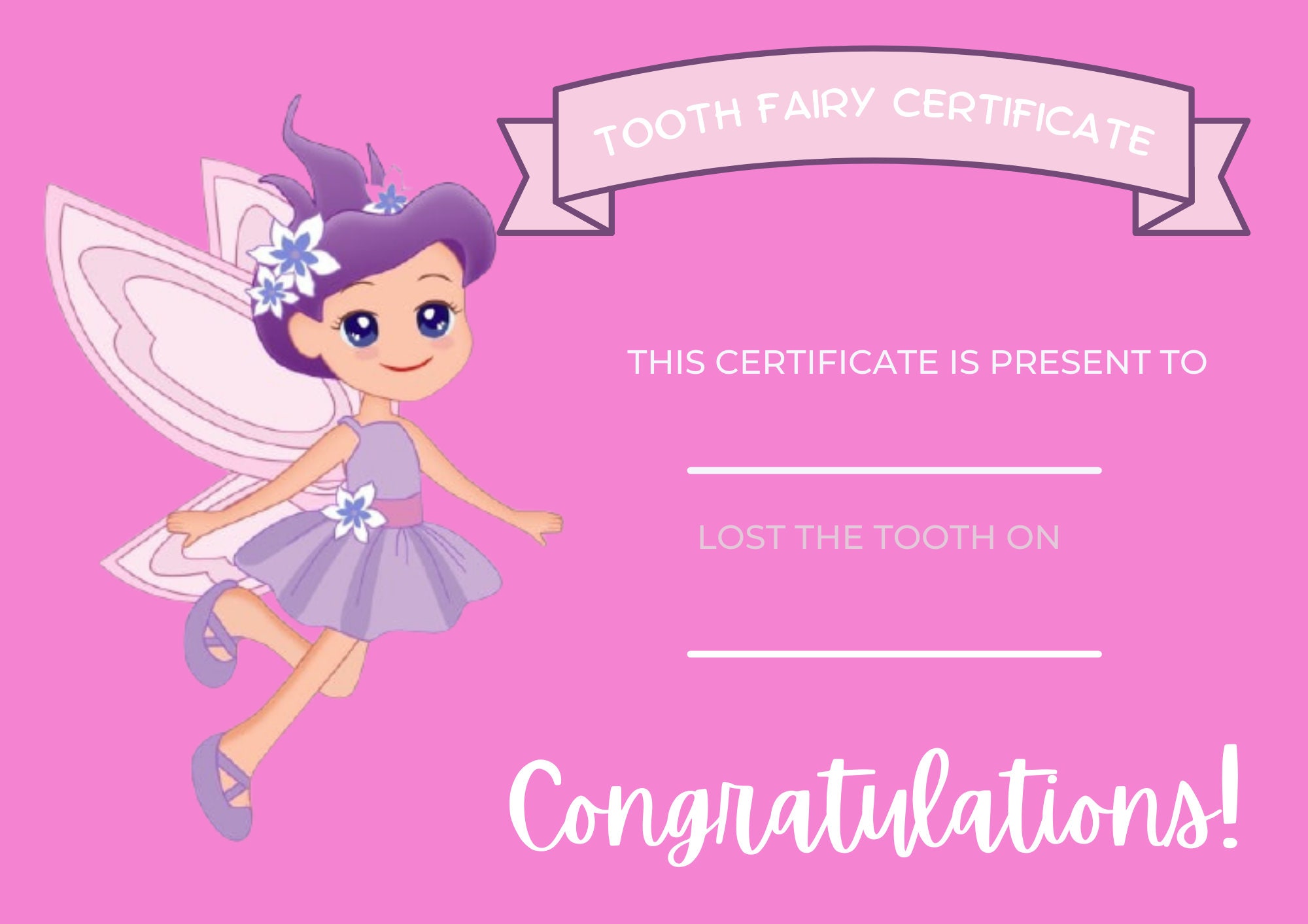 Tooth Fairy Certificate for Girls Lost Tooth Tooth Fairy Printable PNG ...