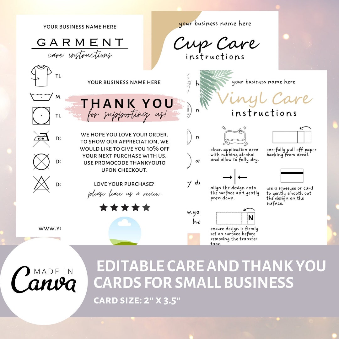 Editable Cup Vinyl Garment Care Card Bundle Instruction Cards for Small ...