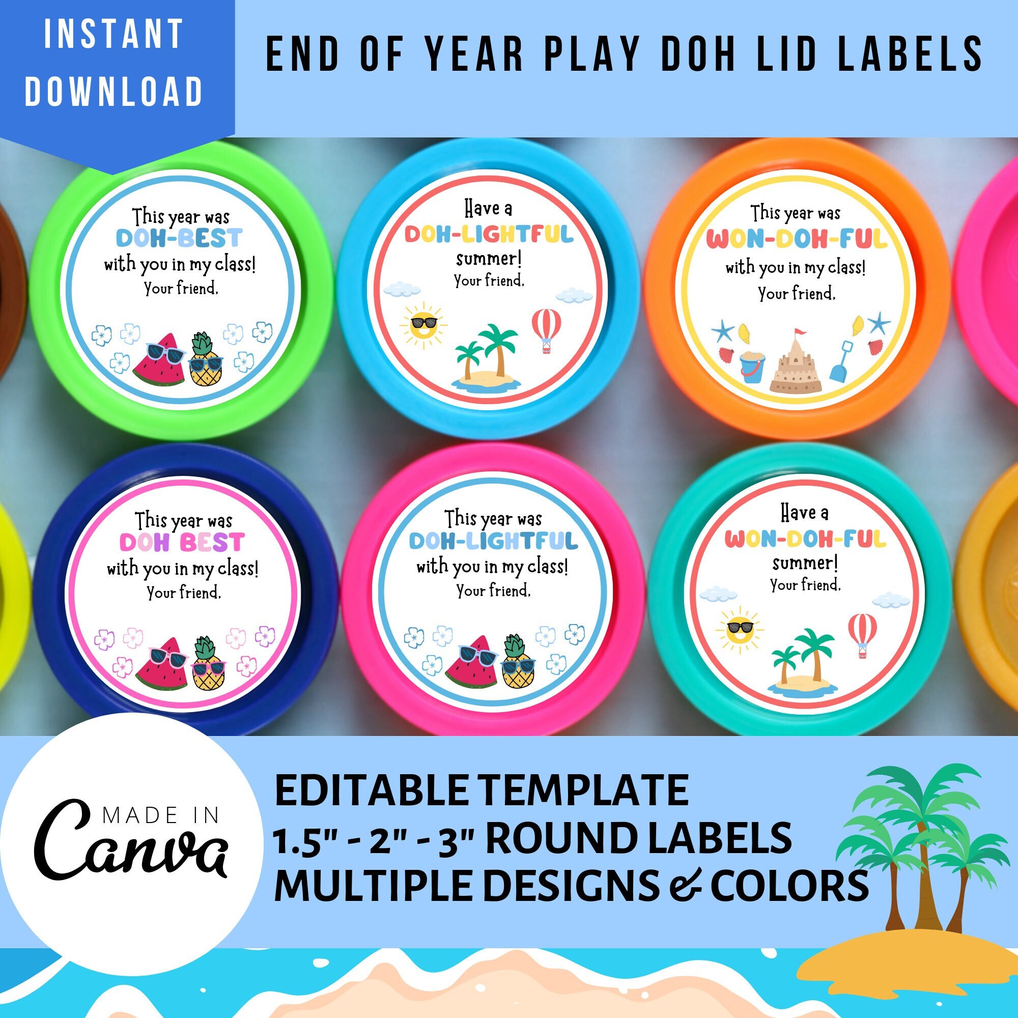 End of Year Play Doh Lid Label Template Summer Classroom Non-candy Gift ...