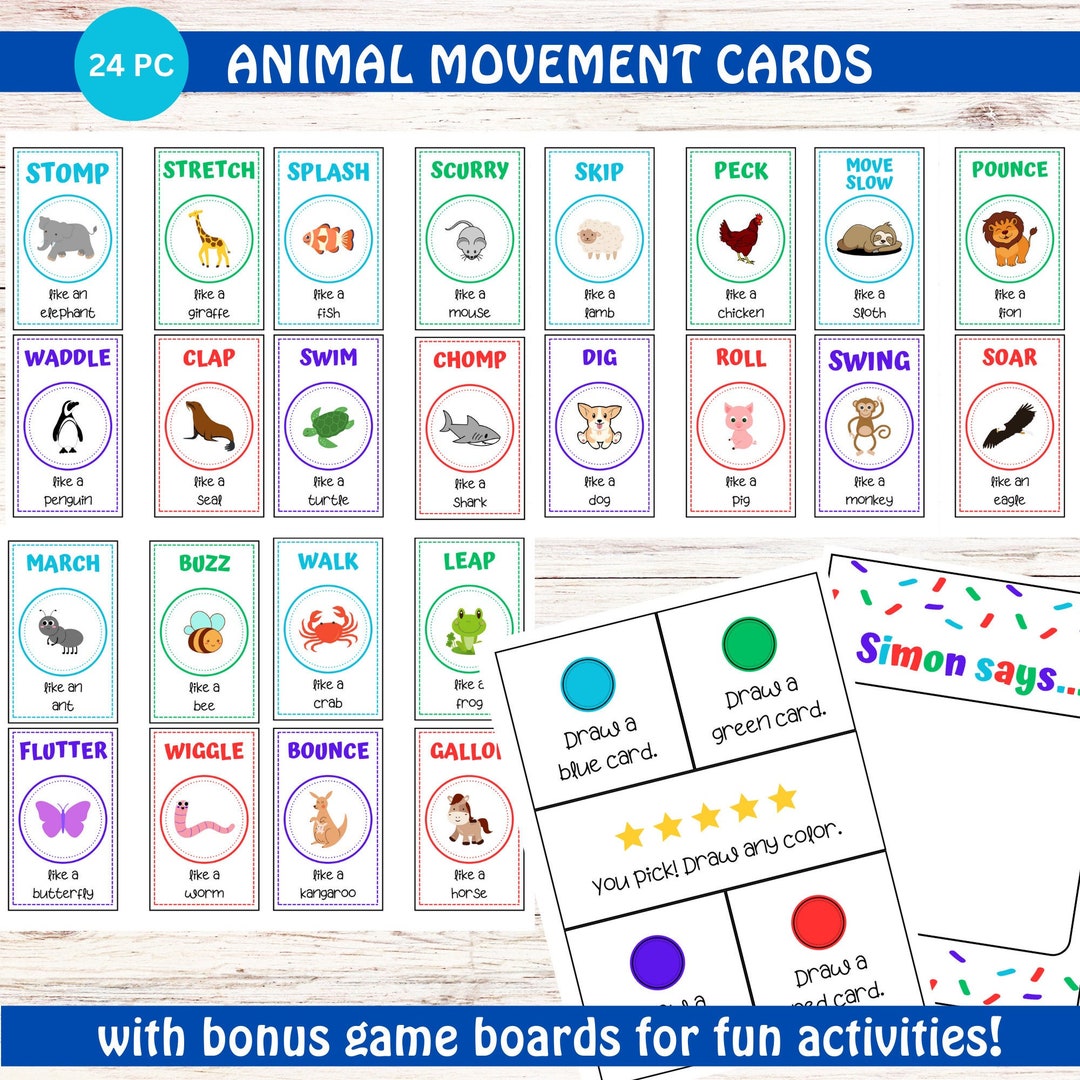 Animal Movement Cards Printable 3 X 5 24-piece Flash Card Set Includes ...