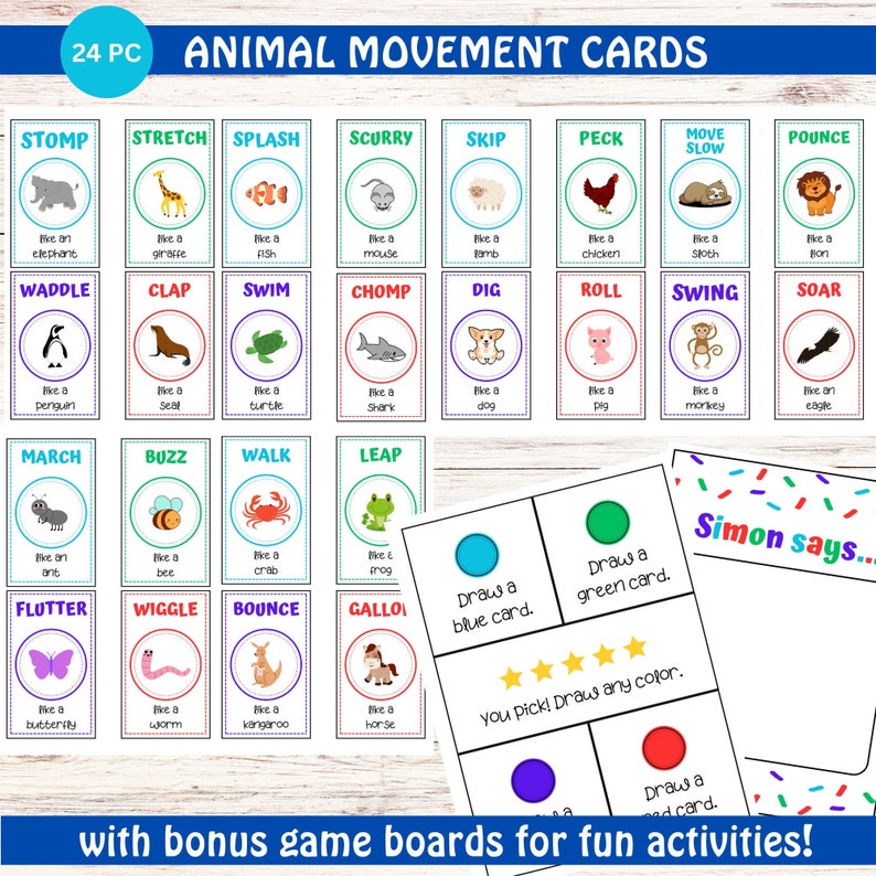 Animal Movement Cards Printable 3 X 5 24-piece Flash Card Set Includes ...
