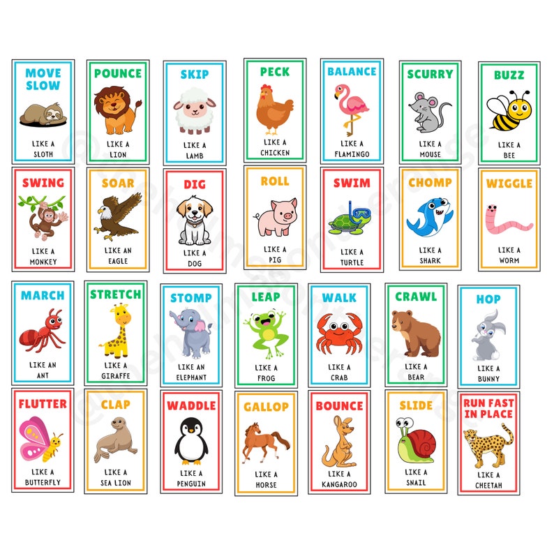 Animal Movement Cards | Printable 3" X 5" 28-piece Flash Card Set ...