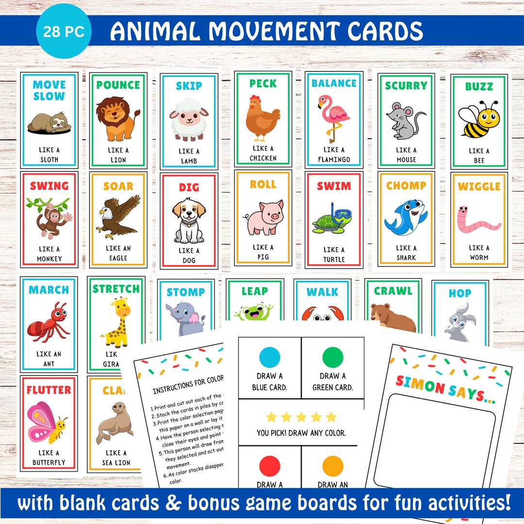 Animal Movement Cards | Printable 3" X 5" 28-piece Flash Card Set ...