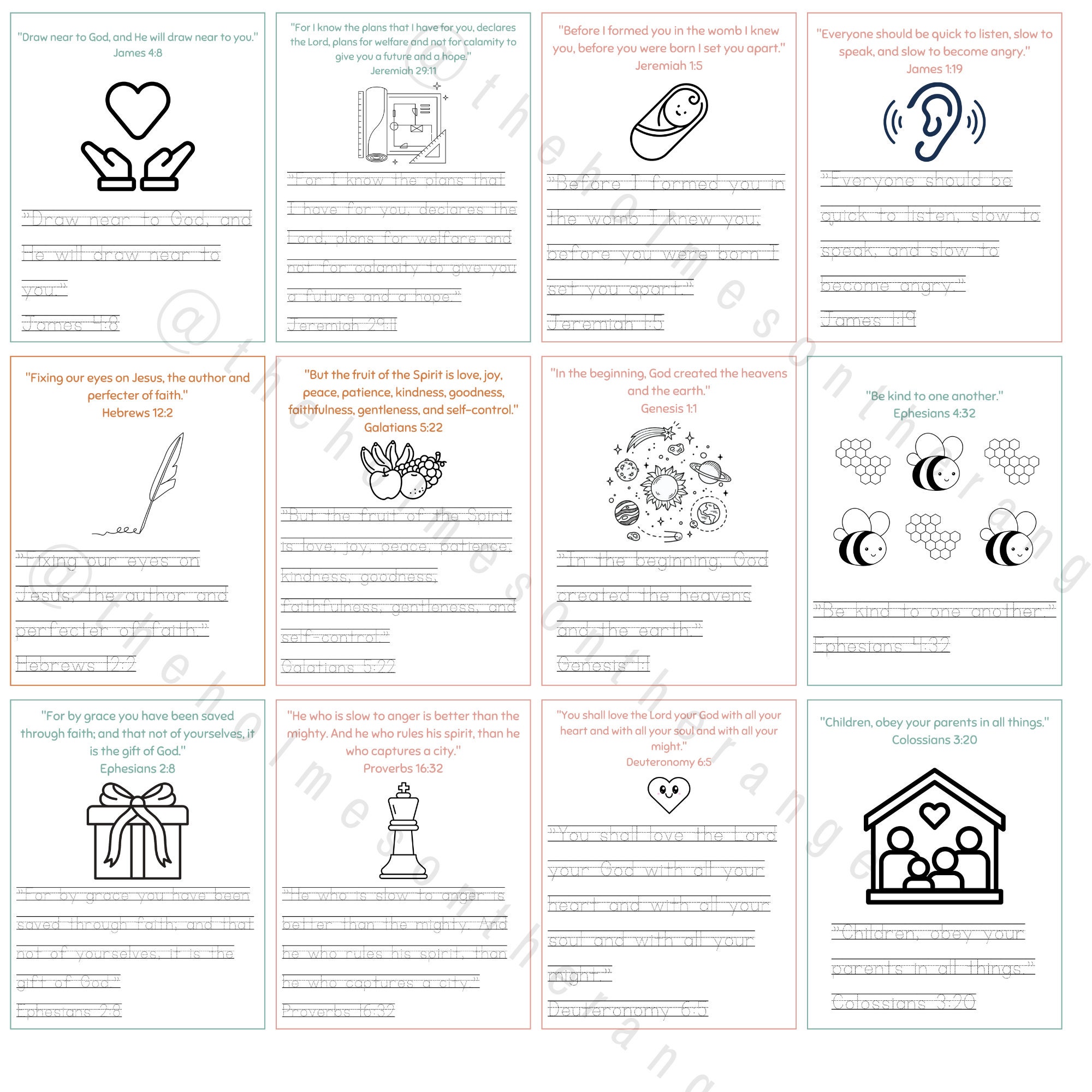 Set of 56 Memory Verse Printable Handwriting Practice Sheets NASB NIV ...