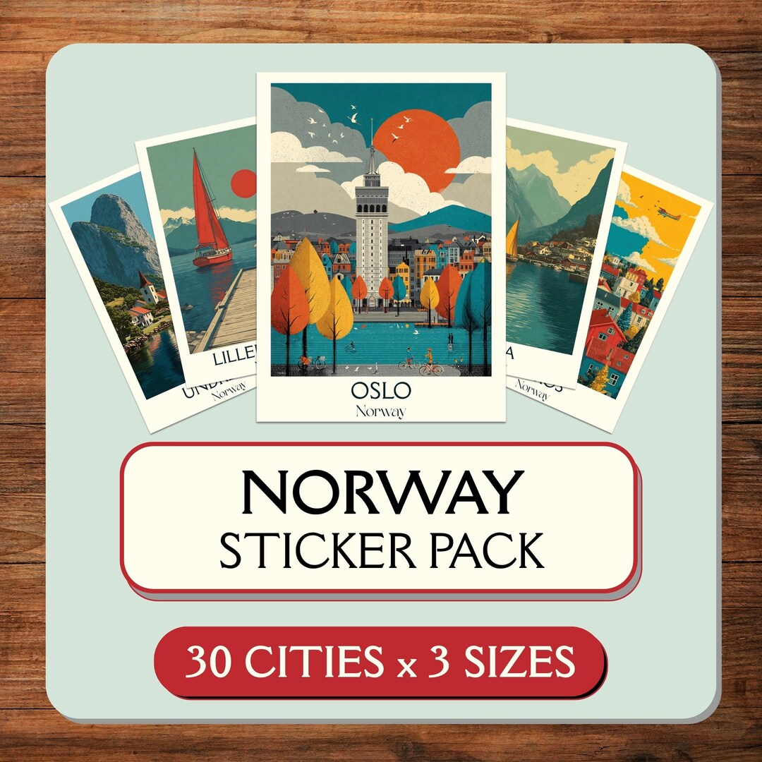 Vintage Norway Travel Sticker Set: Oslo, Tromso, Alesund, Bergen ...