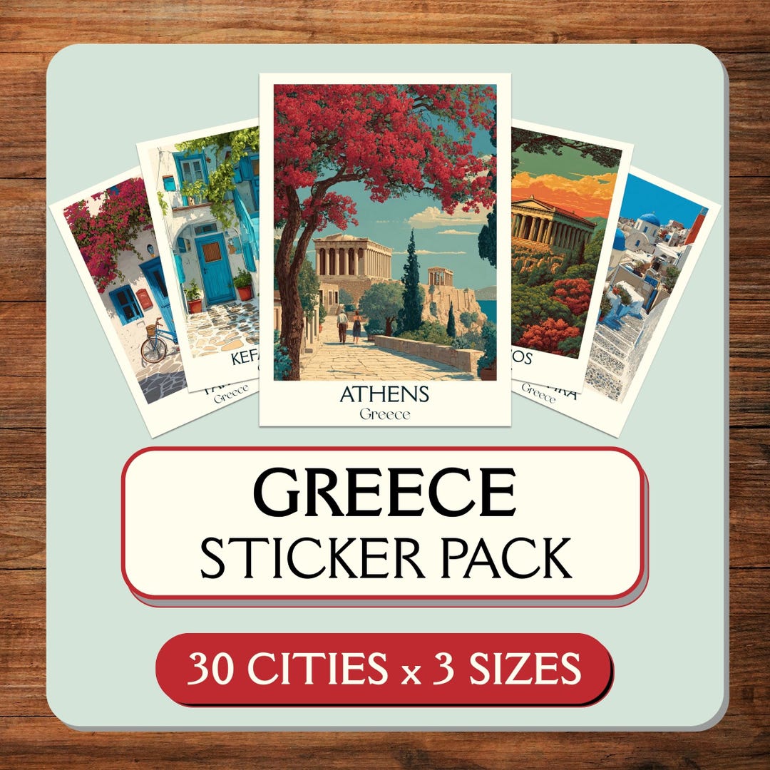 Vintage Greece Travel Sticker Set: Athens, Santorini (PNG & PDF ...