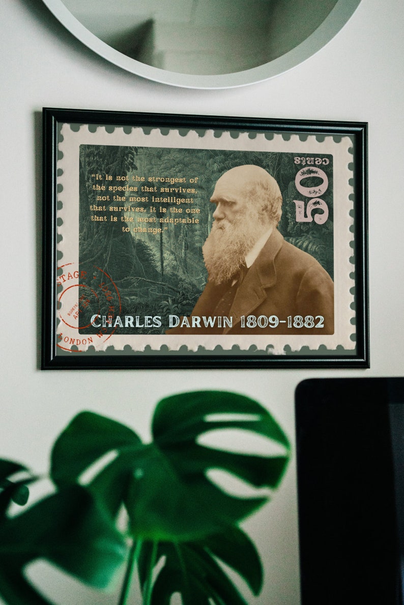 Vintage Stamp Poster Printable, Wall Art, Charles Darwin, Instant ...