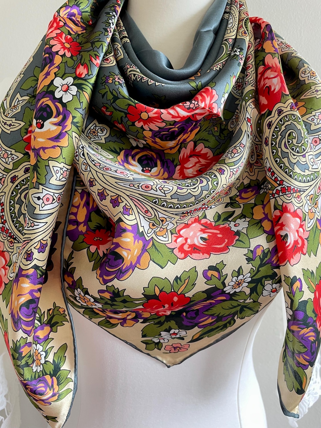 100% Silk Scarf Square Pure Silk Shawl Large Silk Hair Head Scarf 43 ...