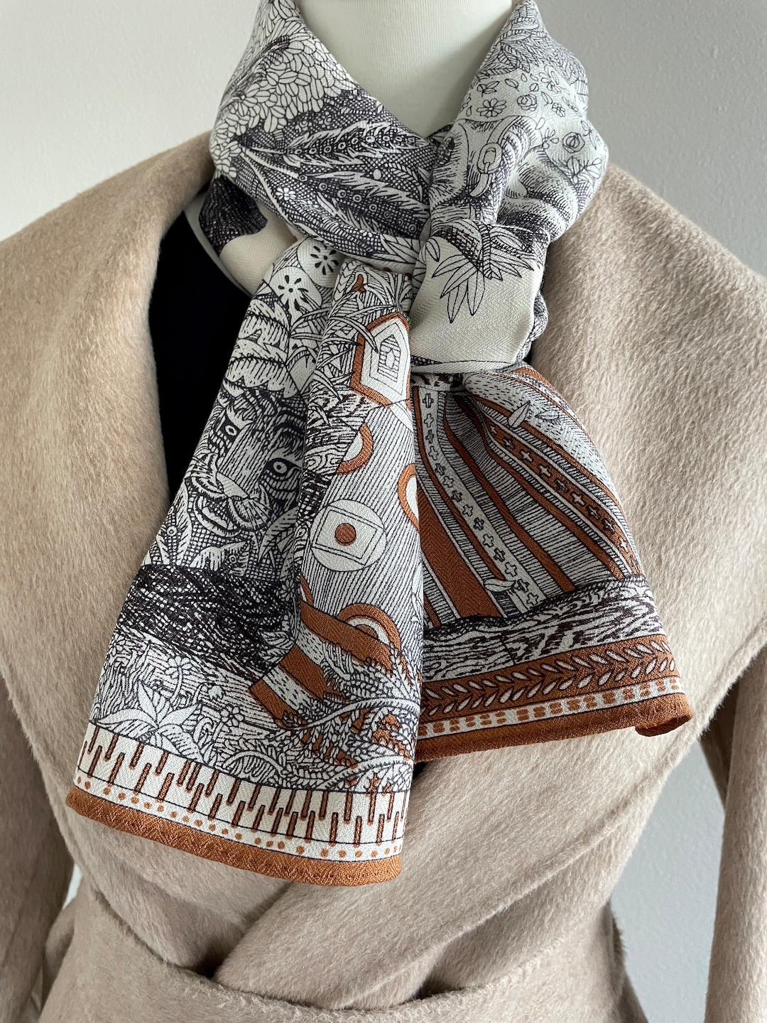 Wool Silk Luxury Long Scarf 63x12.6 160x32cm romantic Moonlight Beige ...