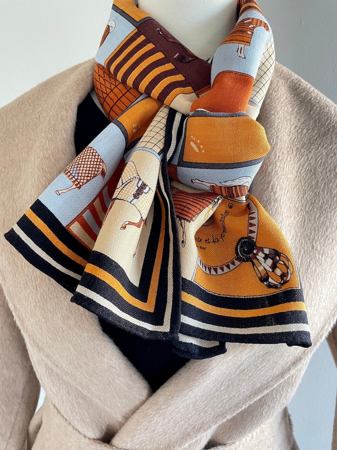 Wool Silk Luxury Long Scarf 63x12.6 160x32cm various Horses Caramel ...