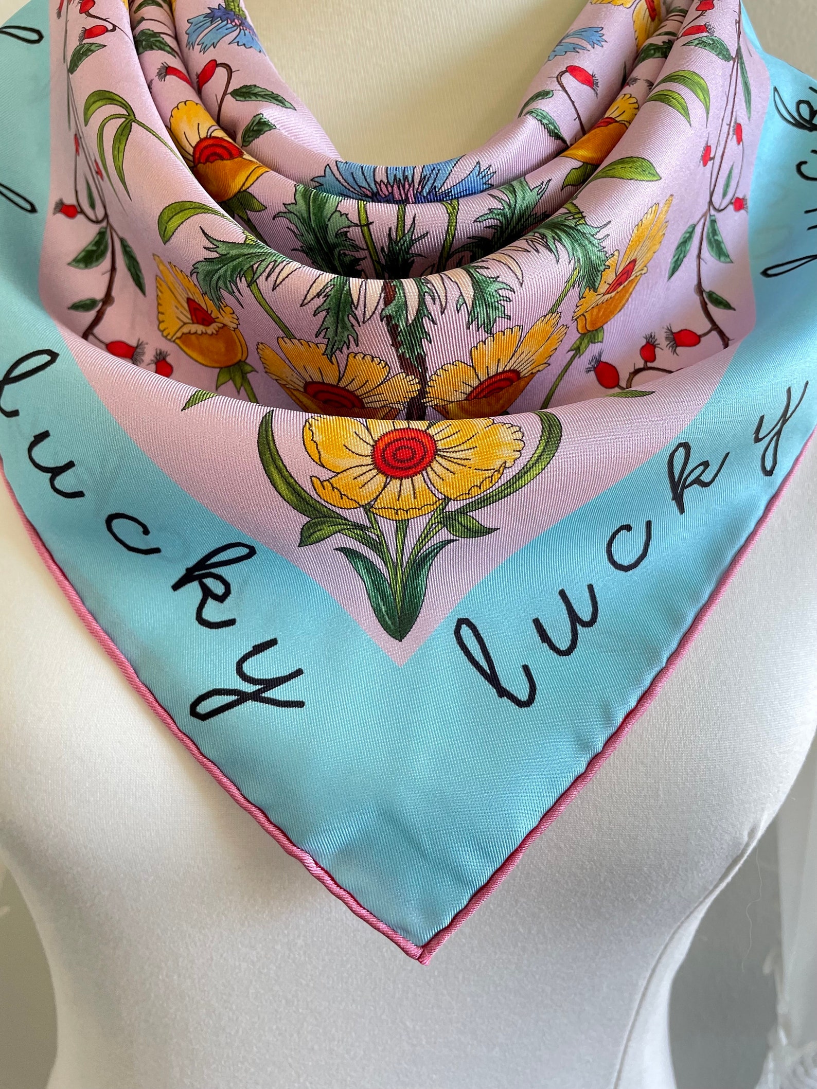 Floral Mulberry Silk Scarf, Pink Blue Hand-rolled Edges Silk Twill ...