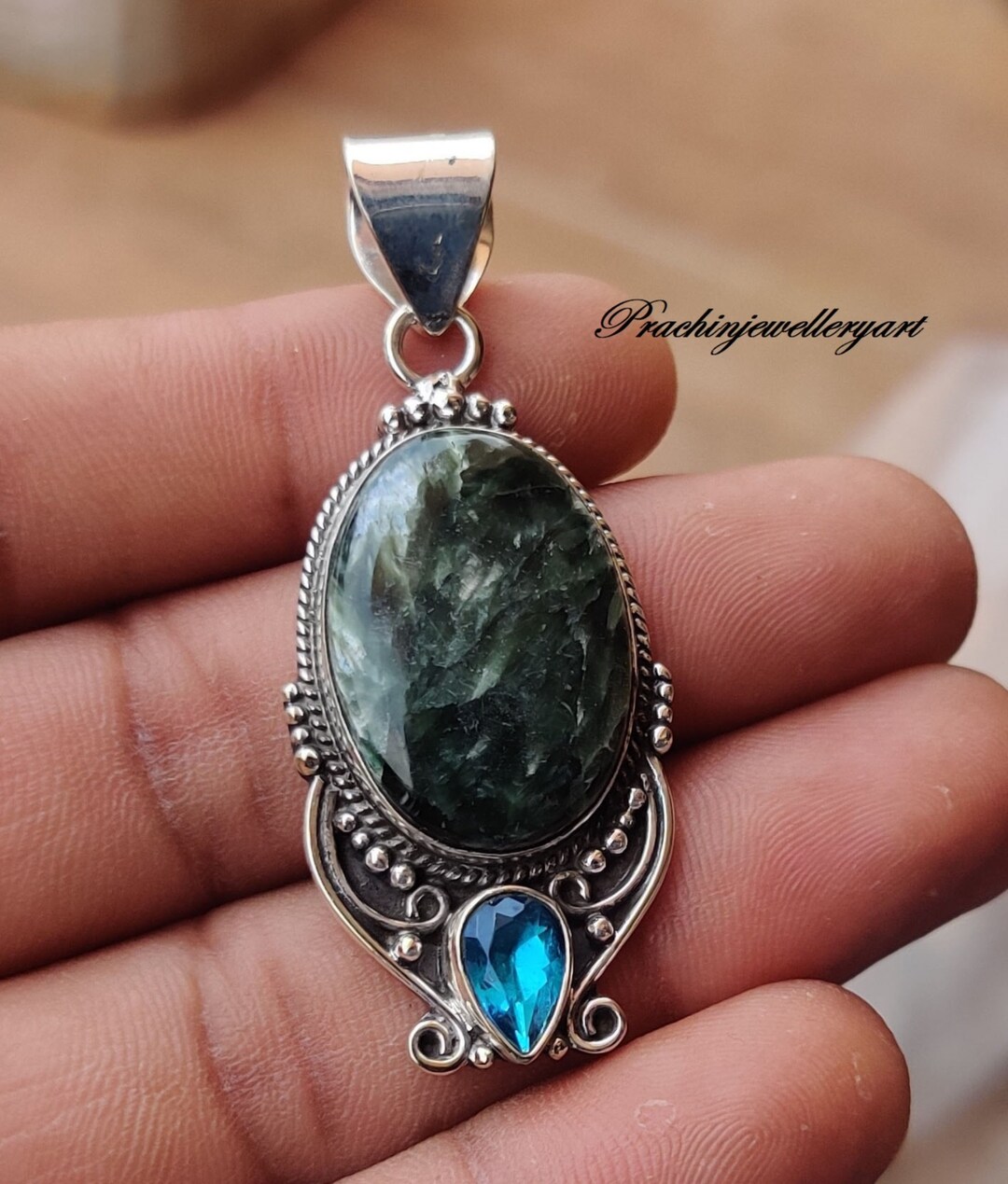 Seraphinite Pendant, Blue Topaz Pendant, 925 Sterling Silver Pendant ...