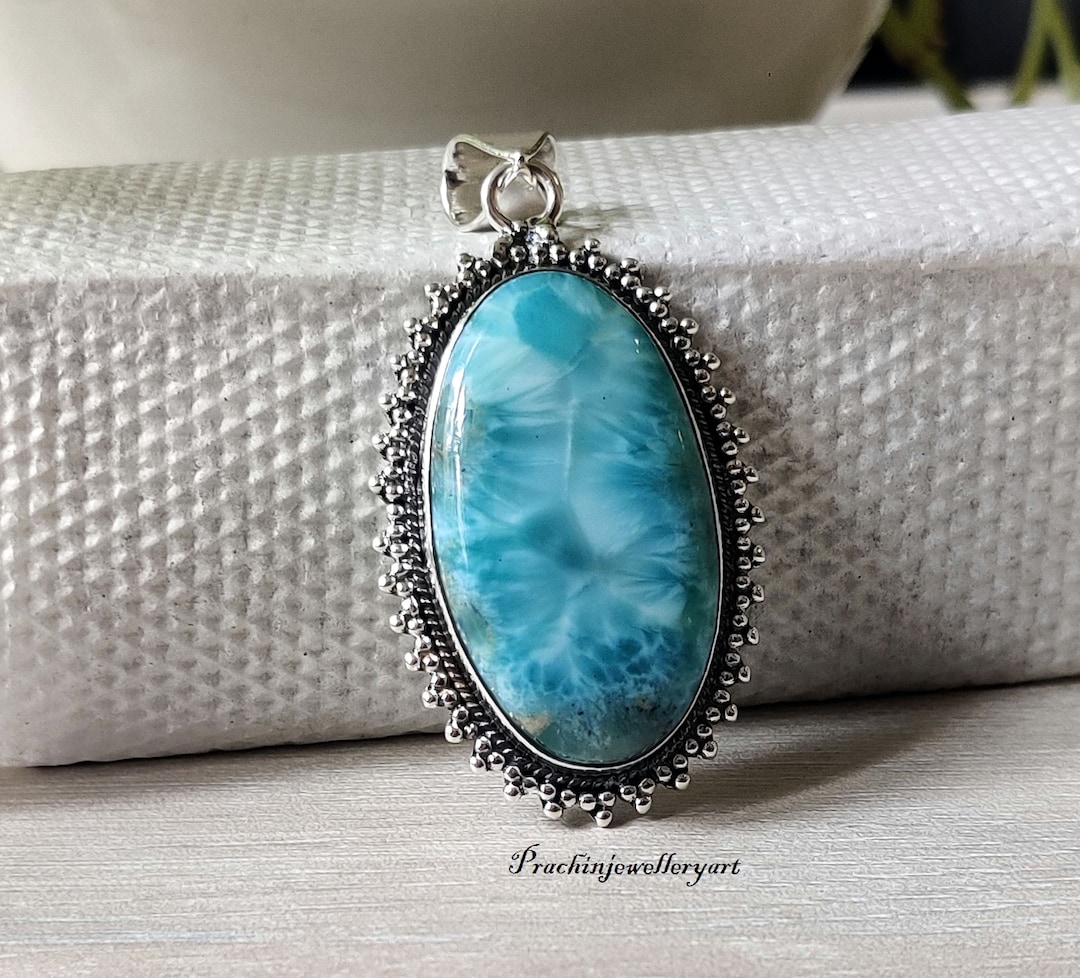 Natural Larimar Silver Pendant, Blue Larimar Pendant, Gemstone Pendant ...
