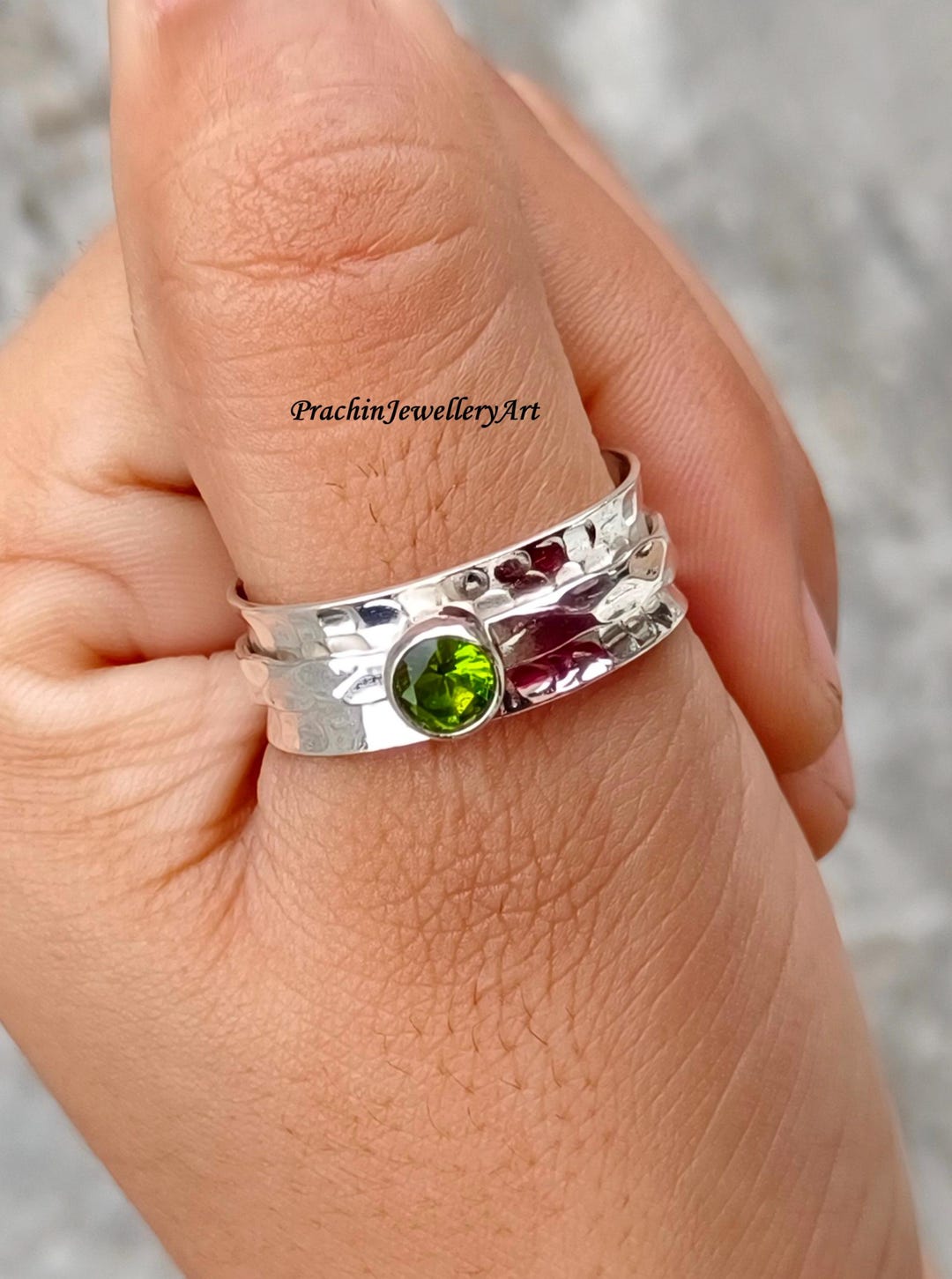 Sterling Silver Peridot Spinner Ring: Hammered Meditation Anxiety Ring ...