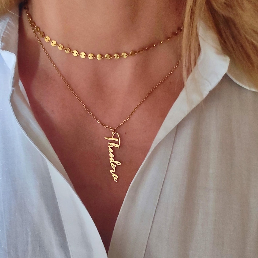 Vertical Name Plate Necklace • 18k Gold Plated Dangle Pendant • Custom ...