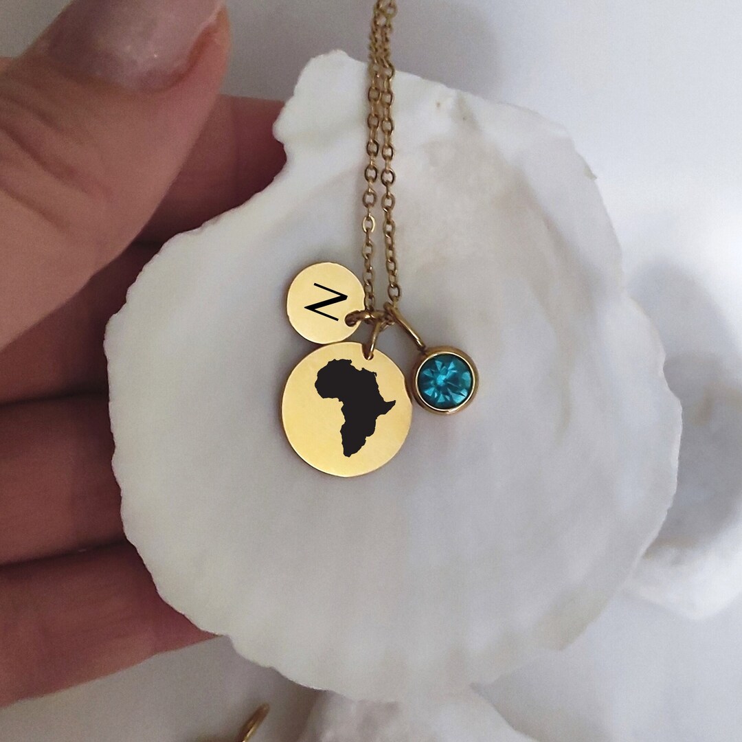 Africa Map Necklace, Birthstone Letter Pendant, Two Disc Initial Birth ...
