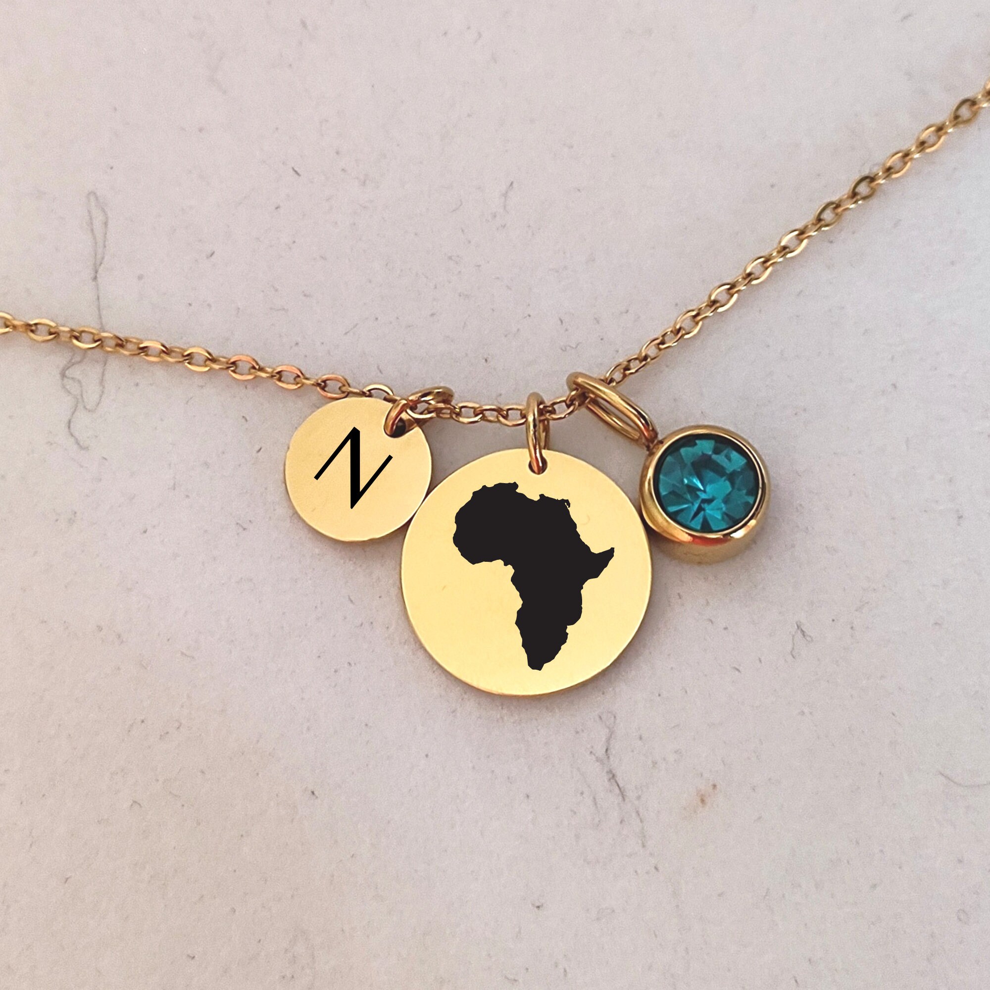 Personalized Africa Map Necklace, Two Disc Birth Stone Letter Pendant ...