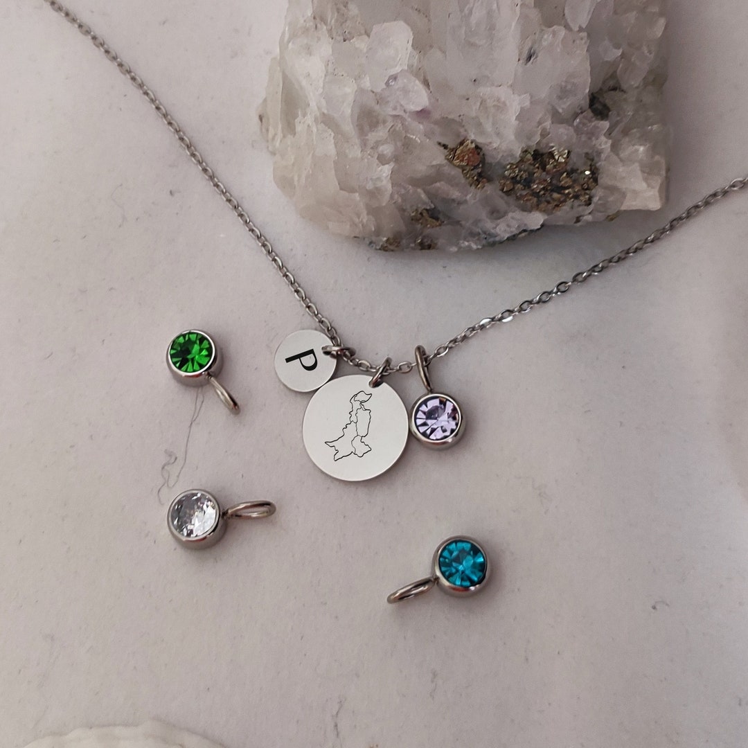 Personalized Pakistan Map Necklace, Disc Birth Stone Charm, Initial ...