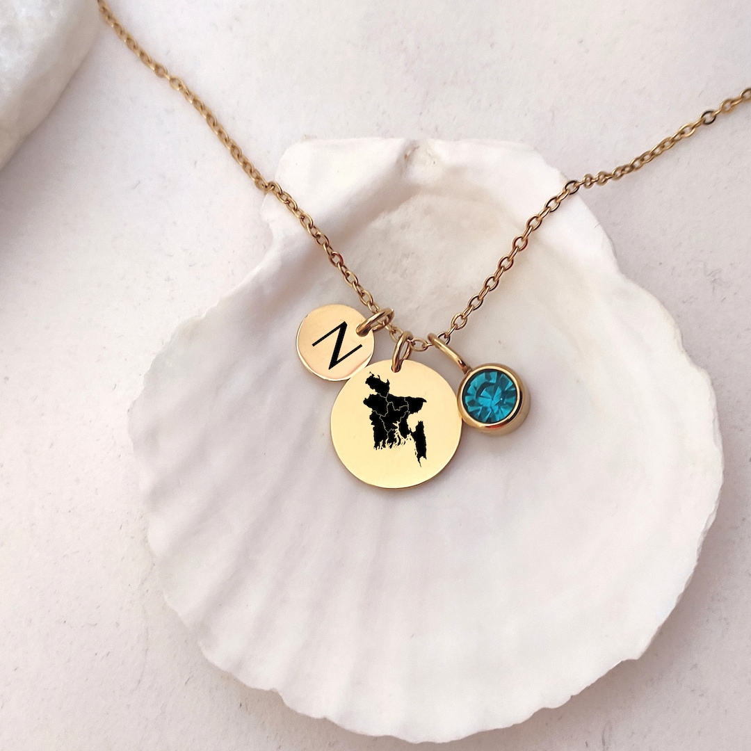 Personalized Multi Disc Bangladesh Map Initial Birthstone Necklace ...