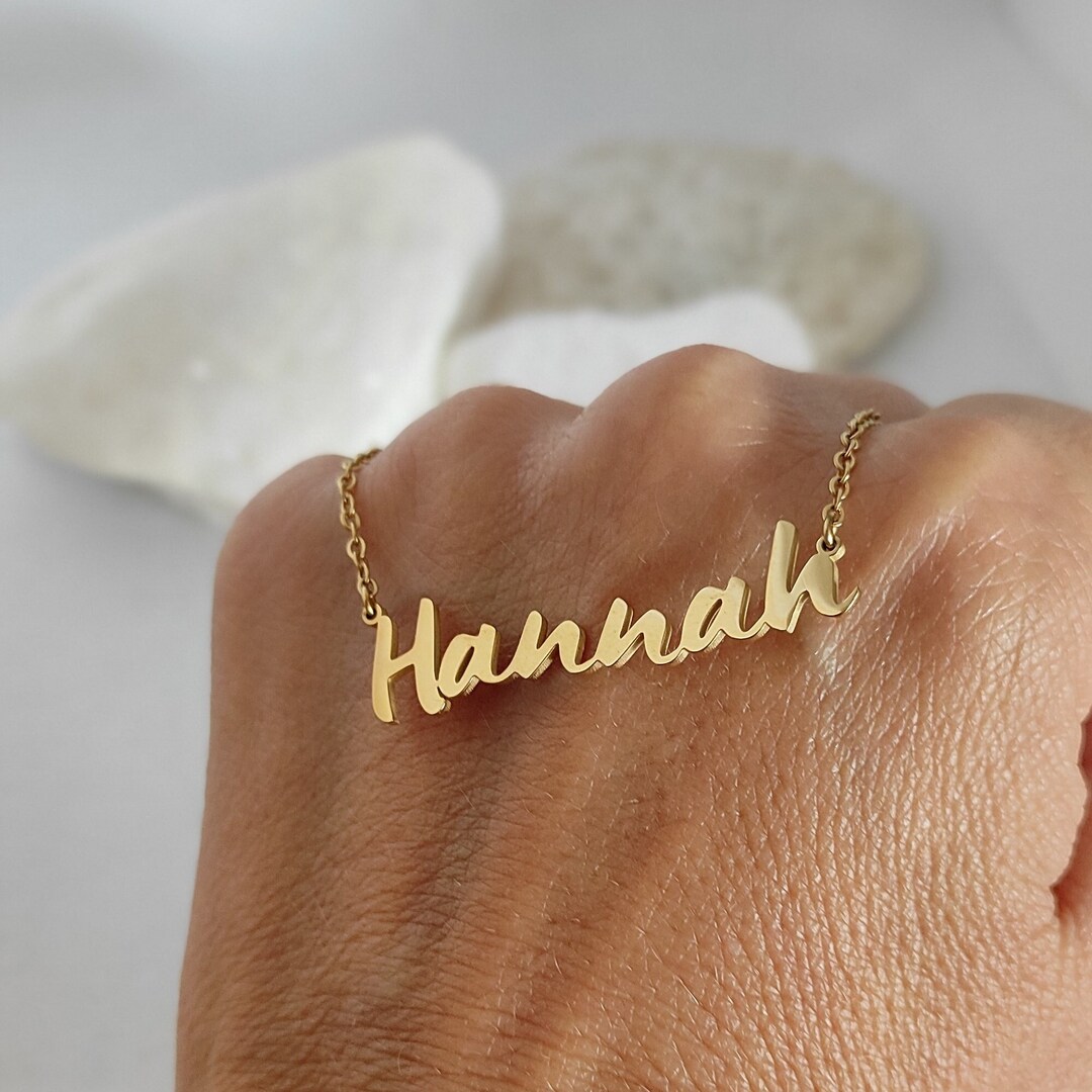 Bold Handwritten Script Name Plate Necklace, 18k Gold Plated Cursive 3D ...