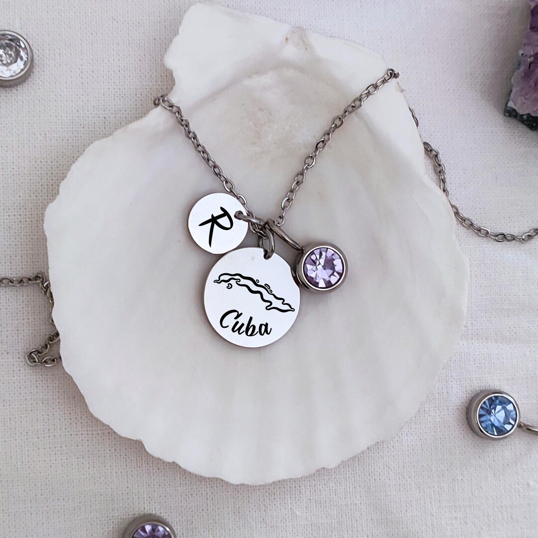 Cuba Map Necklace, Initial Birthstone Charm, Two Disc Country Letter ...