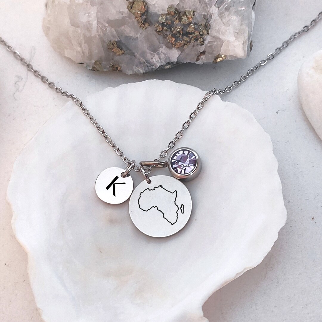 Personalized Africa Map Necklace, Two Disc Birth Stone Letter Pendant ...