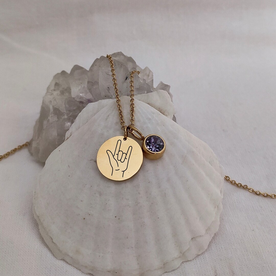 I Love You ASL Sign Necklace With Birthstone, Birth Stone Hand Gestures ...