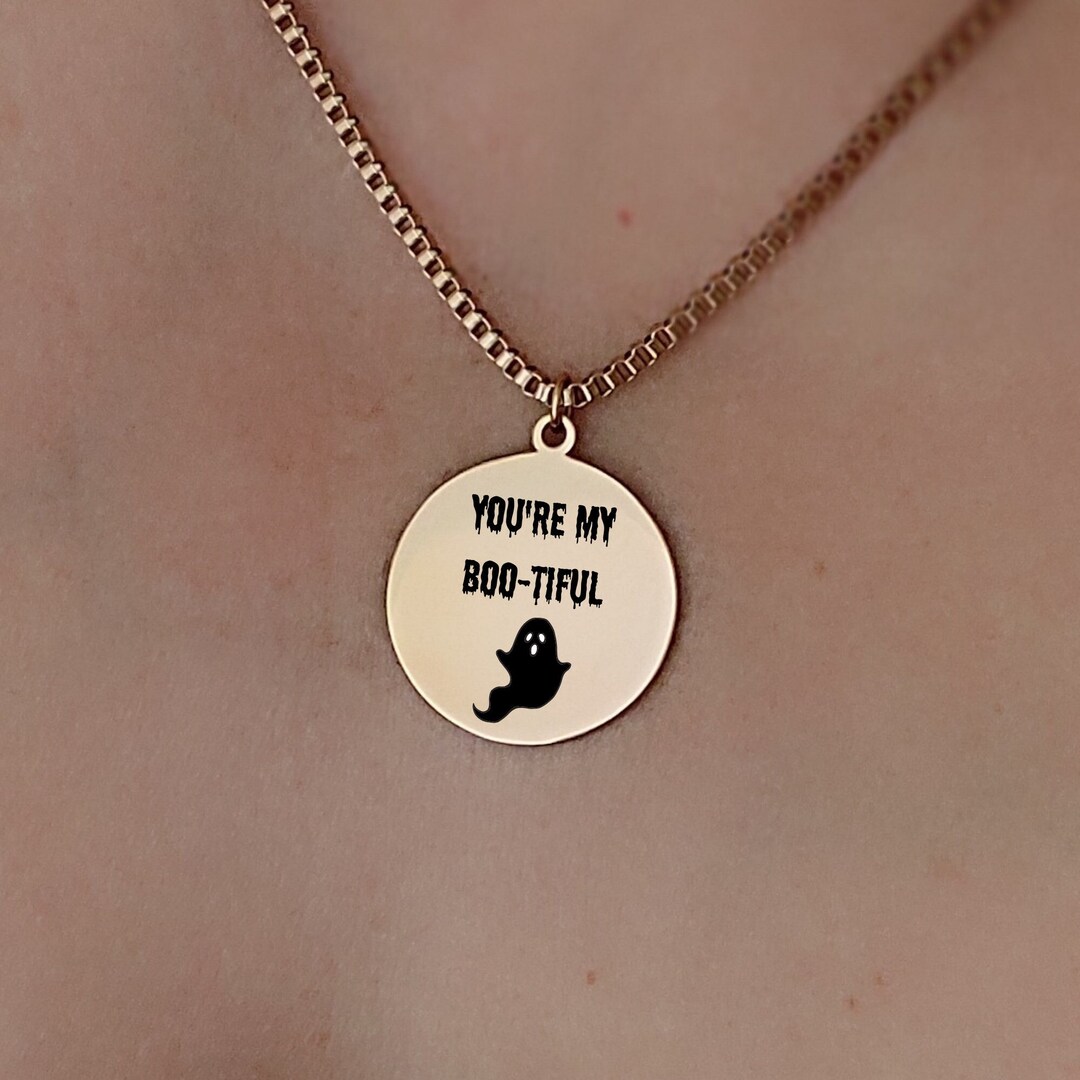Halloween Ghost Text Necklace, Round Disc Message Pendant, Spooky Night ...