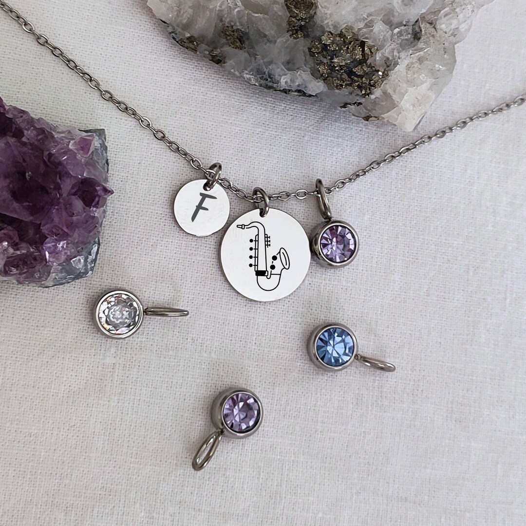 Saxophone Letter Necklace, Disc Birthstone Charm, 14k Gold Wind ...