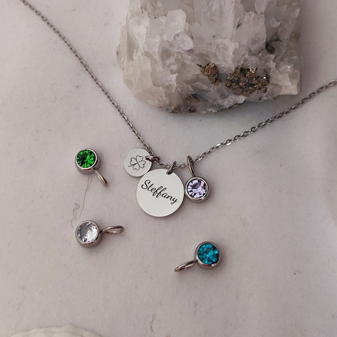 Clover Name Necklace, Two Discs Name Birth Stone Pendant, Personalized ...