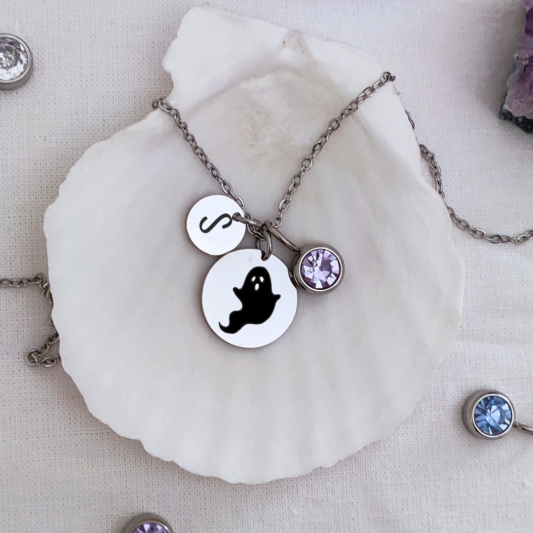 Ghost Letter Necklace, Initial Birthstone Pendant, Custom Halloween ...