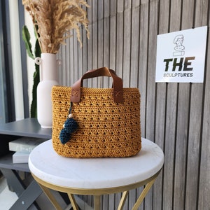 Leather Handle Macrame Bag, Organic Cotton Macrame Rope Crochet Natural ...