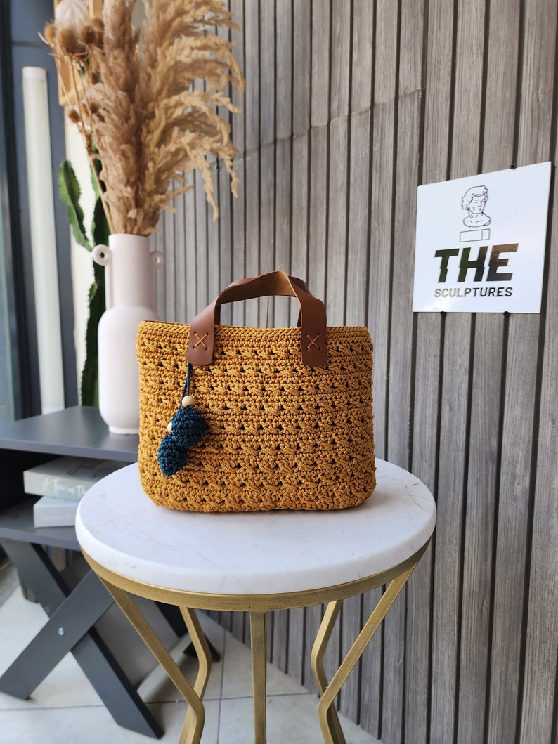 Leather Handle Macrame Bag, Organic Cotton Macrame Rope Crochet Natural ...