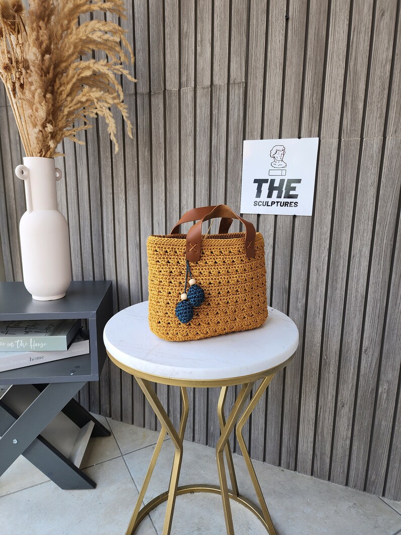 Leather Handle Macrame Bag, Organic Cotton Macrame Rope Crochet Natural ...